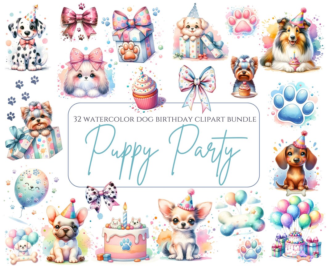 Watercolor Dog Png Cute Dog Birthday Party Clipart Puppy Party Clipart ...