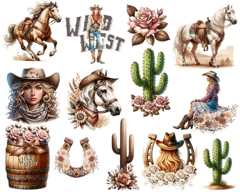 Wild West Clipart Cute Cowgirl Clipart Watercolor Western PNG Wild West ...