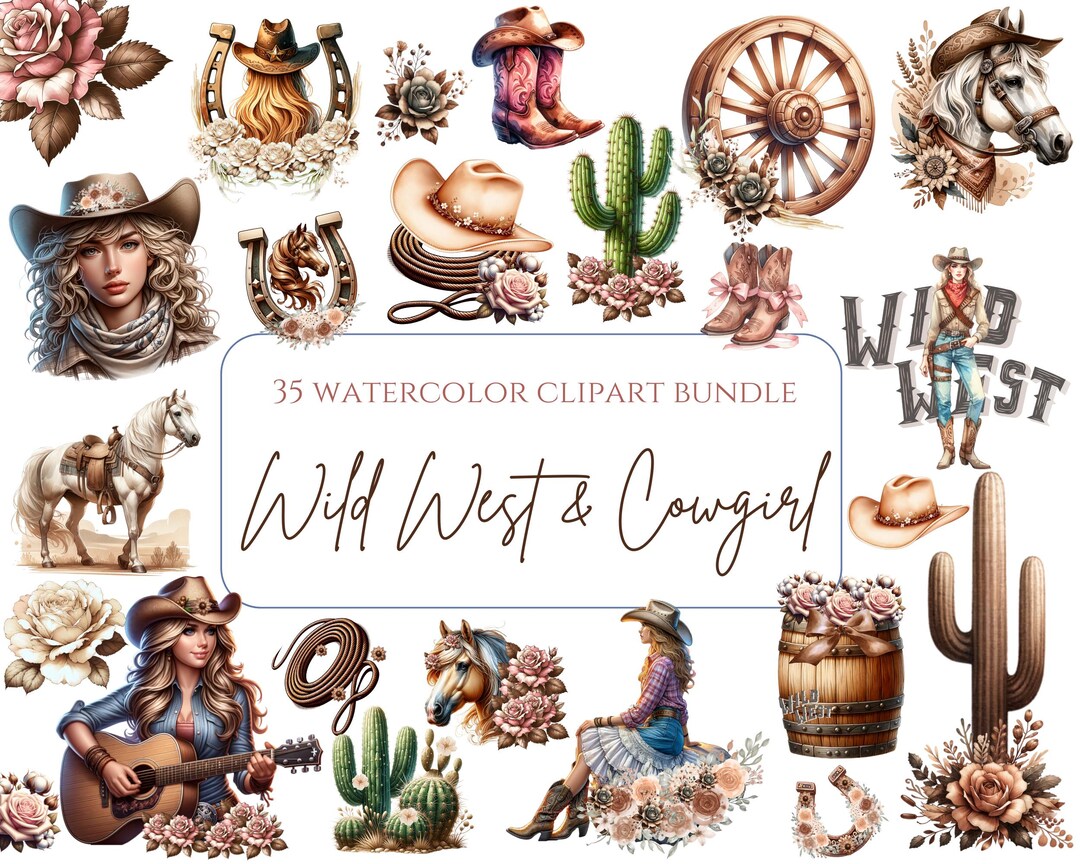Wild West Clipart Cute Cowgirl Clipart Watercolor Western PNG Wild West ...