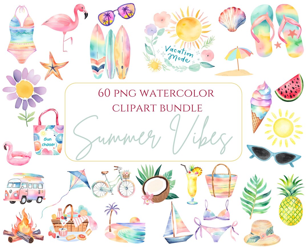 Watercolor Summer Clipart Bundle Tropical Vacation PNG Beach Travel ...