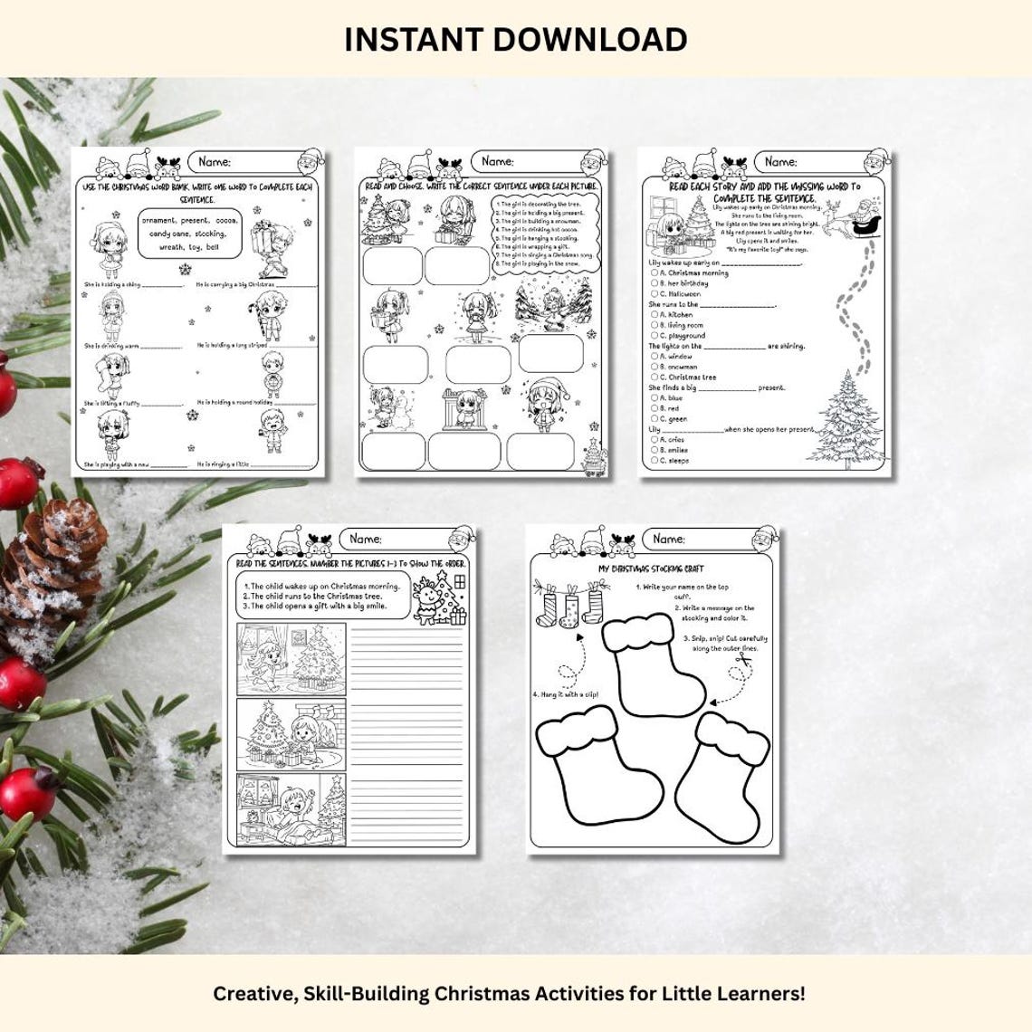 Christmas Literacy Worksheets for Kids | Reading and Writing Activities | Classroom Gift ...