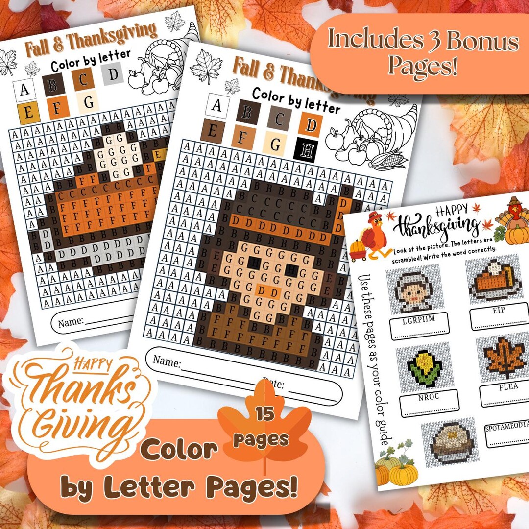 Printable Thanksgiving Pixel Art Worksheets | Fun Fall Literacy ...