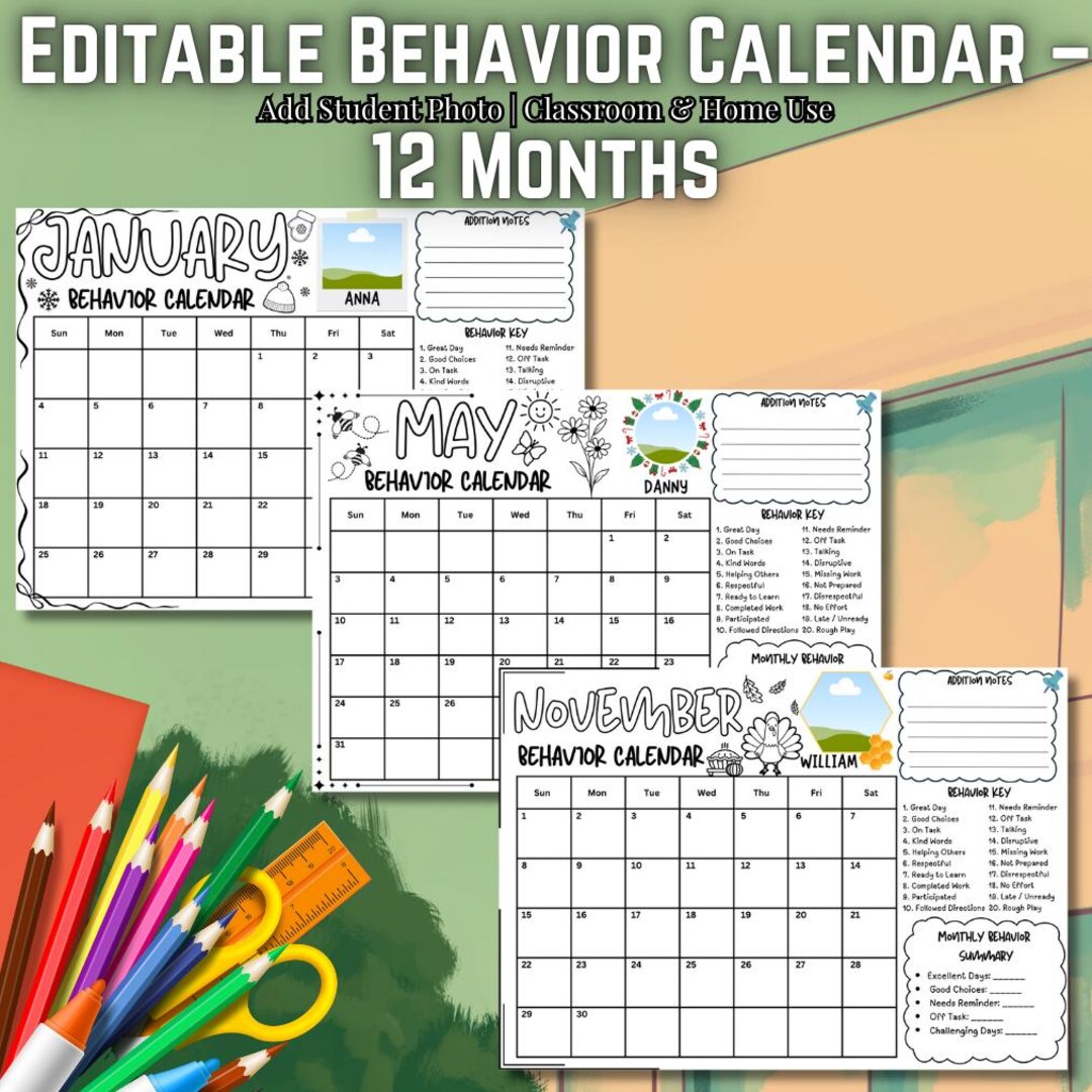 Editable Behavior Calendar 12 Months 2026|3 Template Styles| Keepsake ...