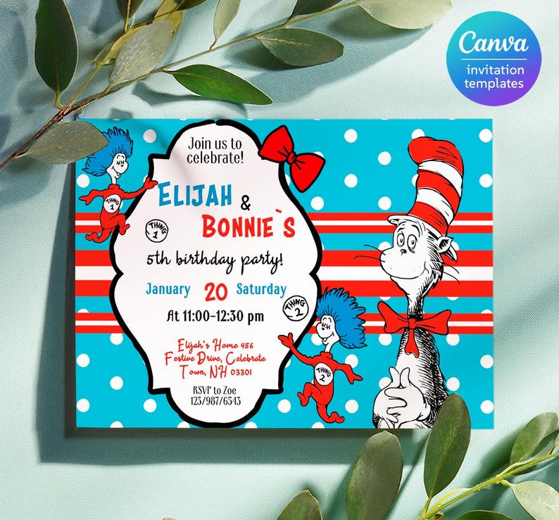 Dr Seuss Birthday Invitation, Printable Fairytale Invite, Editable Cat ...