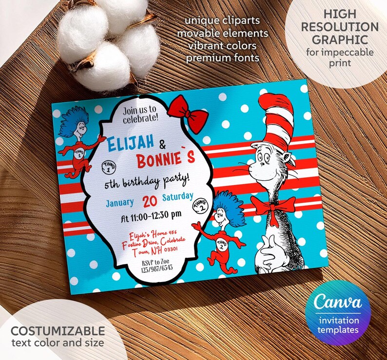 Dr Seuss Birthday Invitation, Printable Fairytale Invite, Editable Cat ...