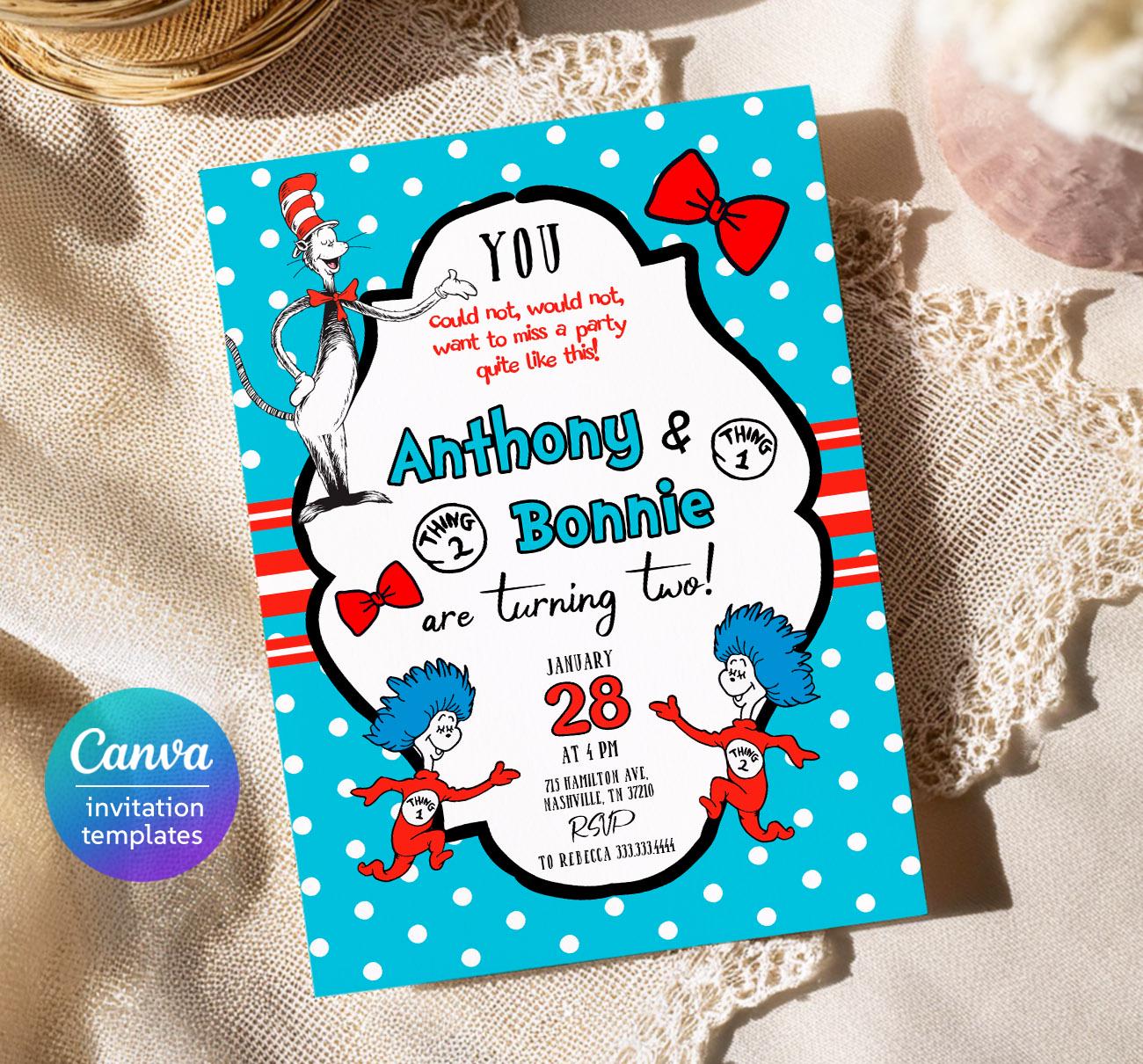 Dr Seuss Birthday Invitation, Printable Fairytale Invite, Editable Cat ...