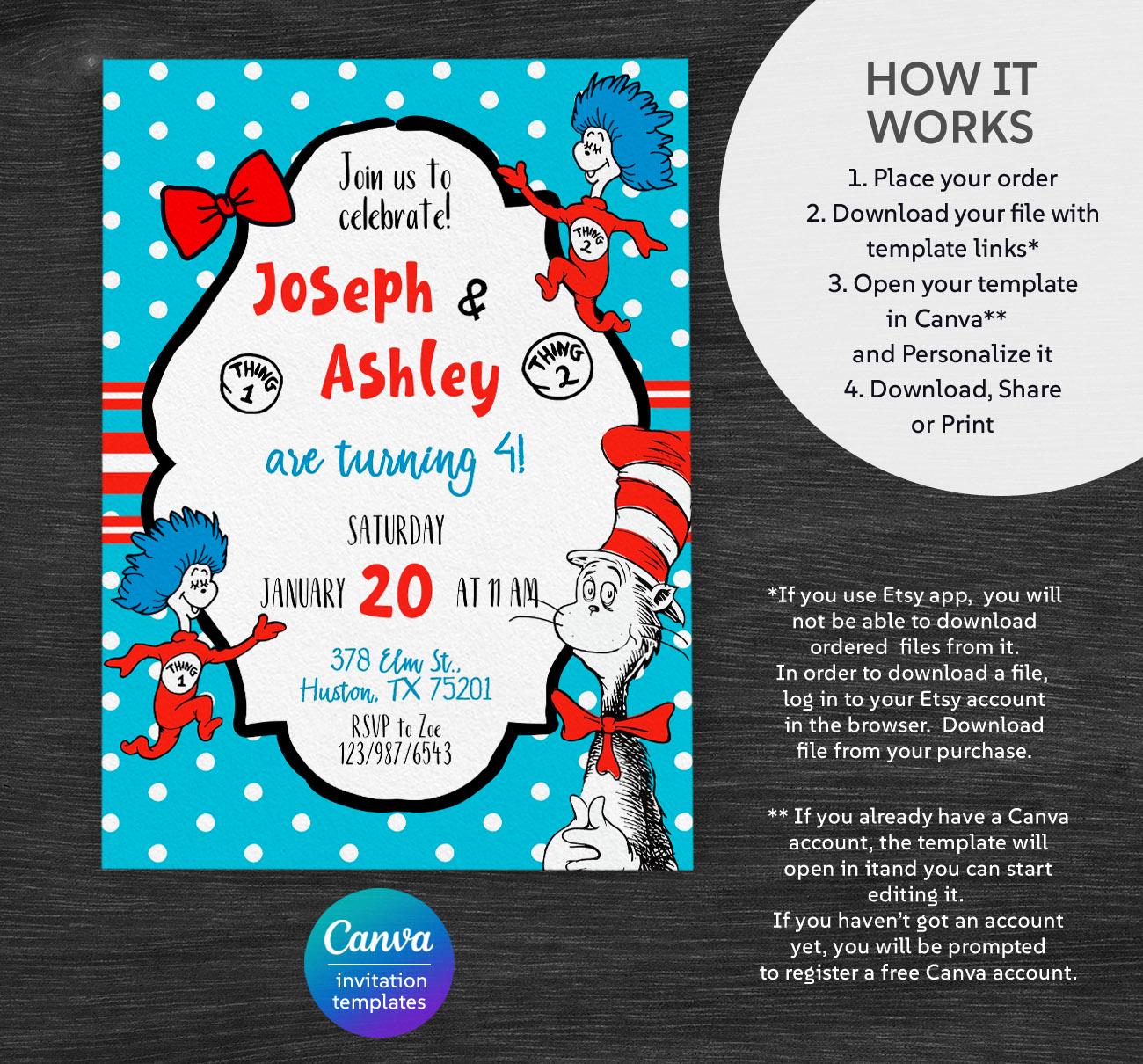 Dr Seuss Birthday Invitation, Printable Fairytale Invite, Editable Cat ...