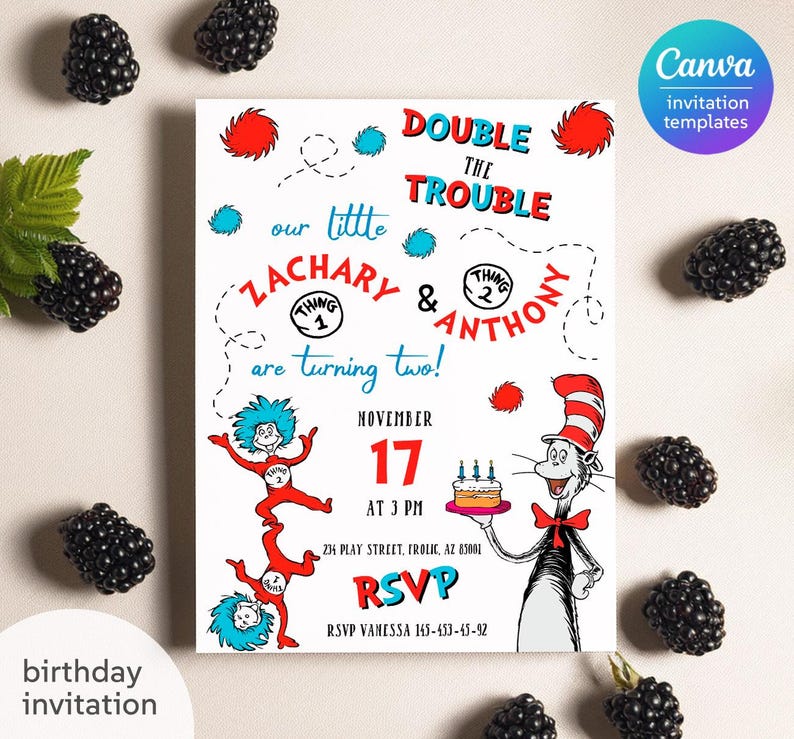 Dr Seuss Birthday Invitation, Printable Fairytale Invite, Editable Cat ...