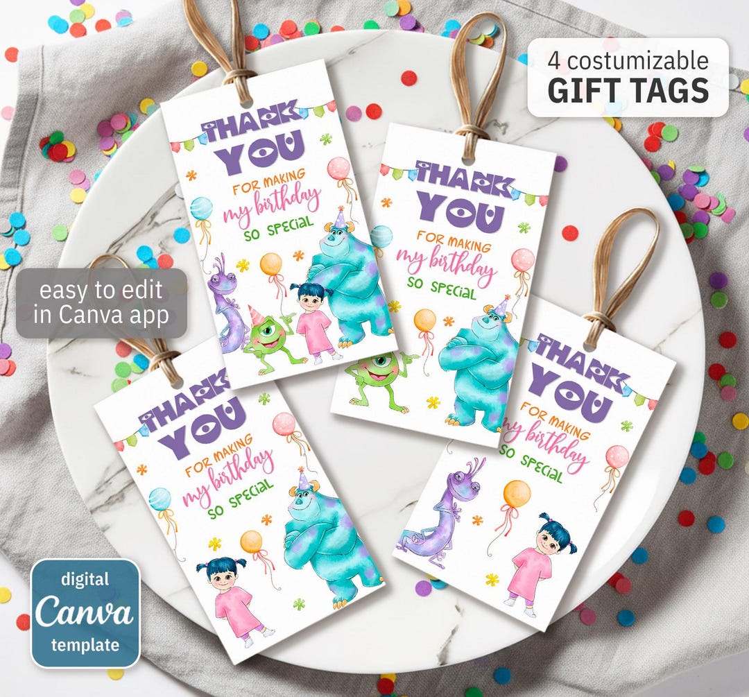Monster Inc Printable Gift Tags, Birthday Party Thank You Card ...