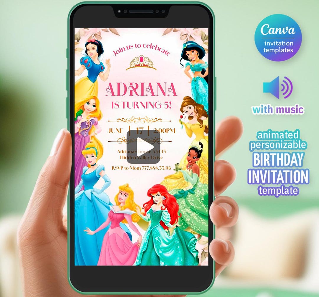 Princess Animated Birthday Video Invite, Digital Disney Princess Party ...