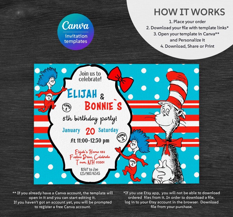 Dr Seuss Birthday Invitation, Printable Fairytale Invite, Editable Cat ...
