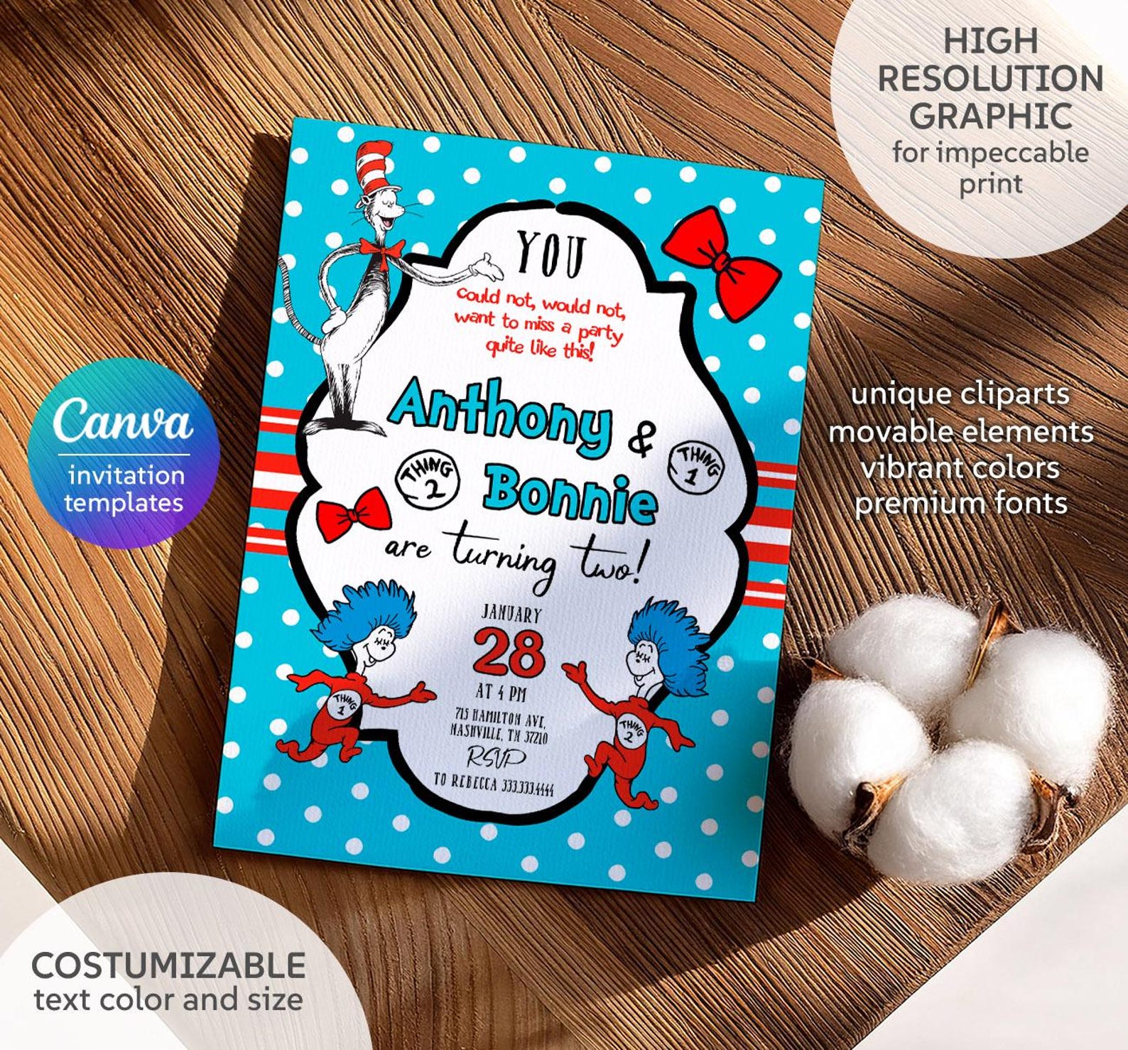 Dr Seuss Birthday Invitation, Printable Fairytale Invite, Editable Cat ...