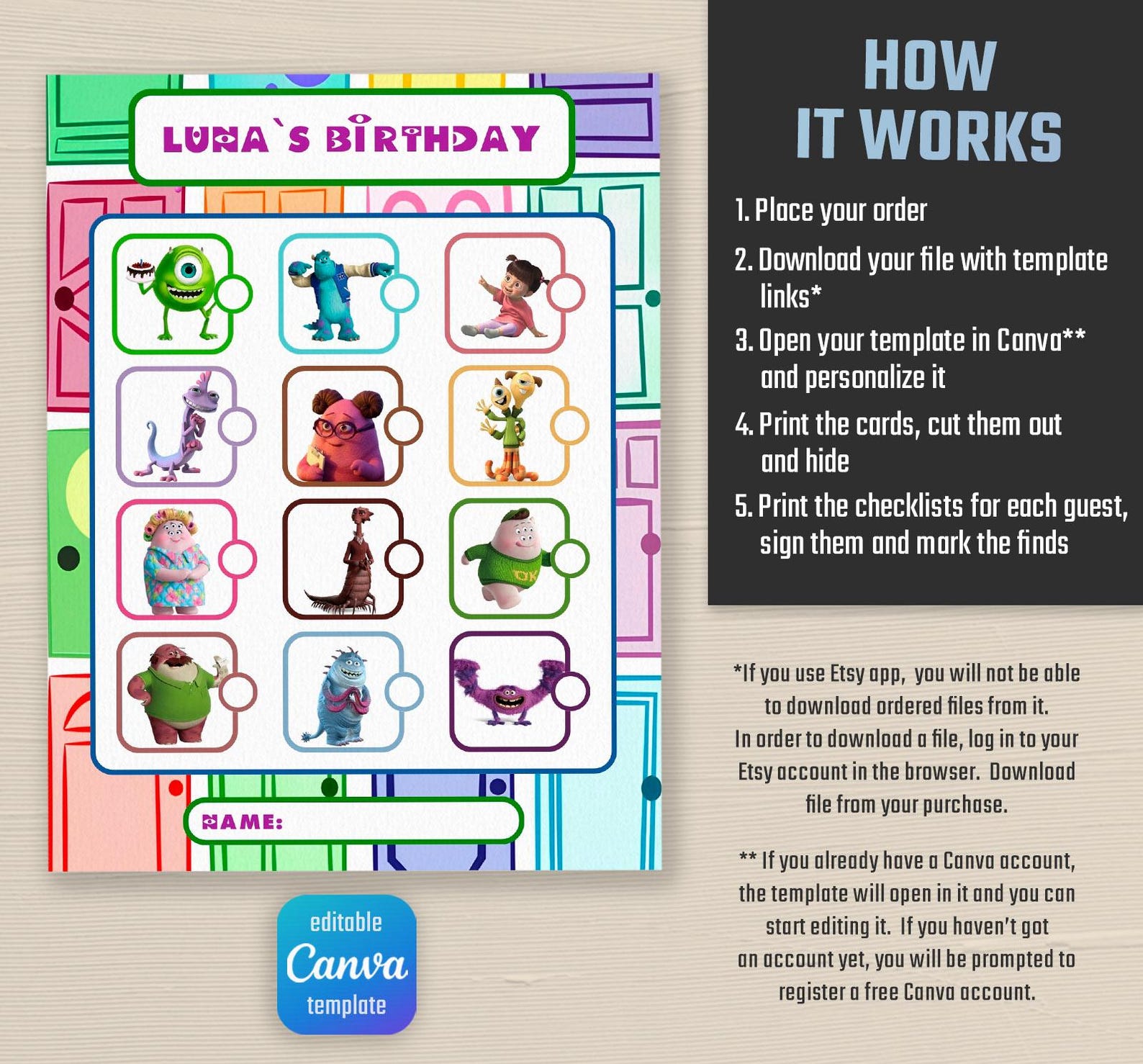 Monster Inc Scavenger Hunt, Printable Birthday Party Game, Diy Monsters ...