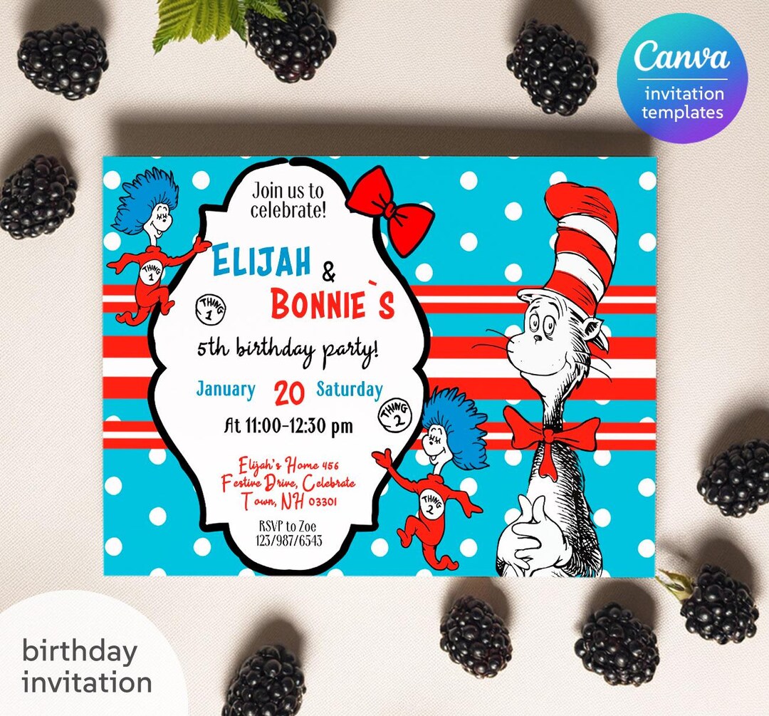 Dr Seuss Birthday Invitation, Printable Fairytale Invite, Editable Cat ...