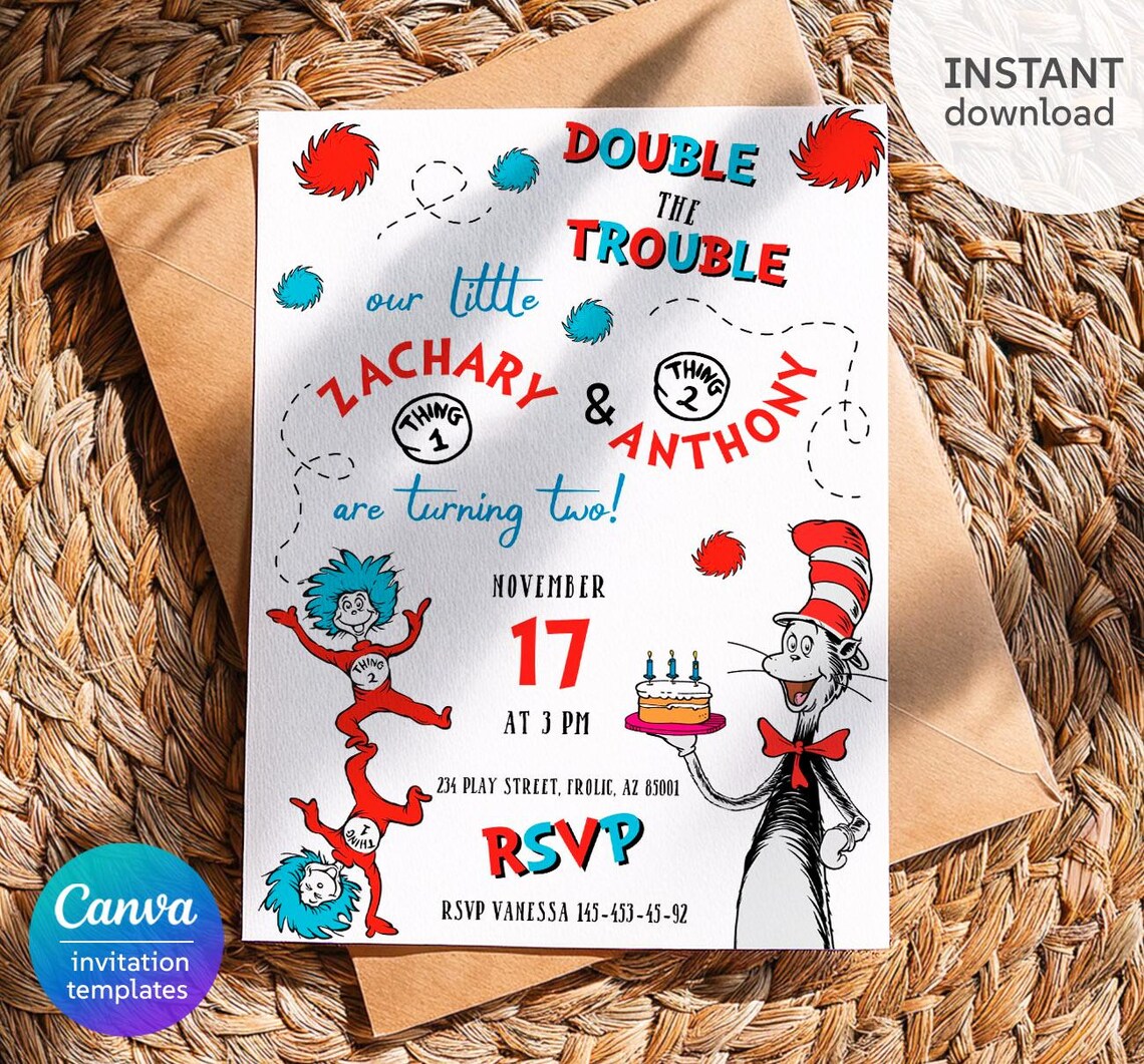 Dr Seuss Birthday Invitation, Printable Fairytale Invite, Editable Cat ...