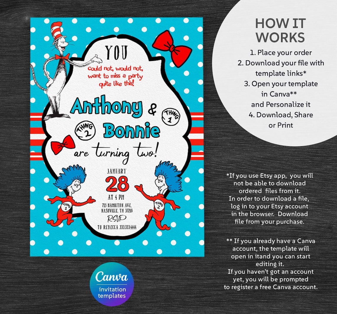 Dr Seuss Birthday Invitation, Printable Fairytale Invite, Editable Cat ...