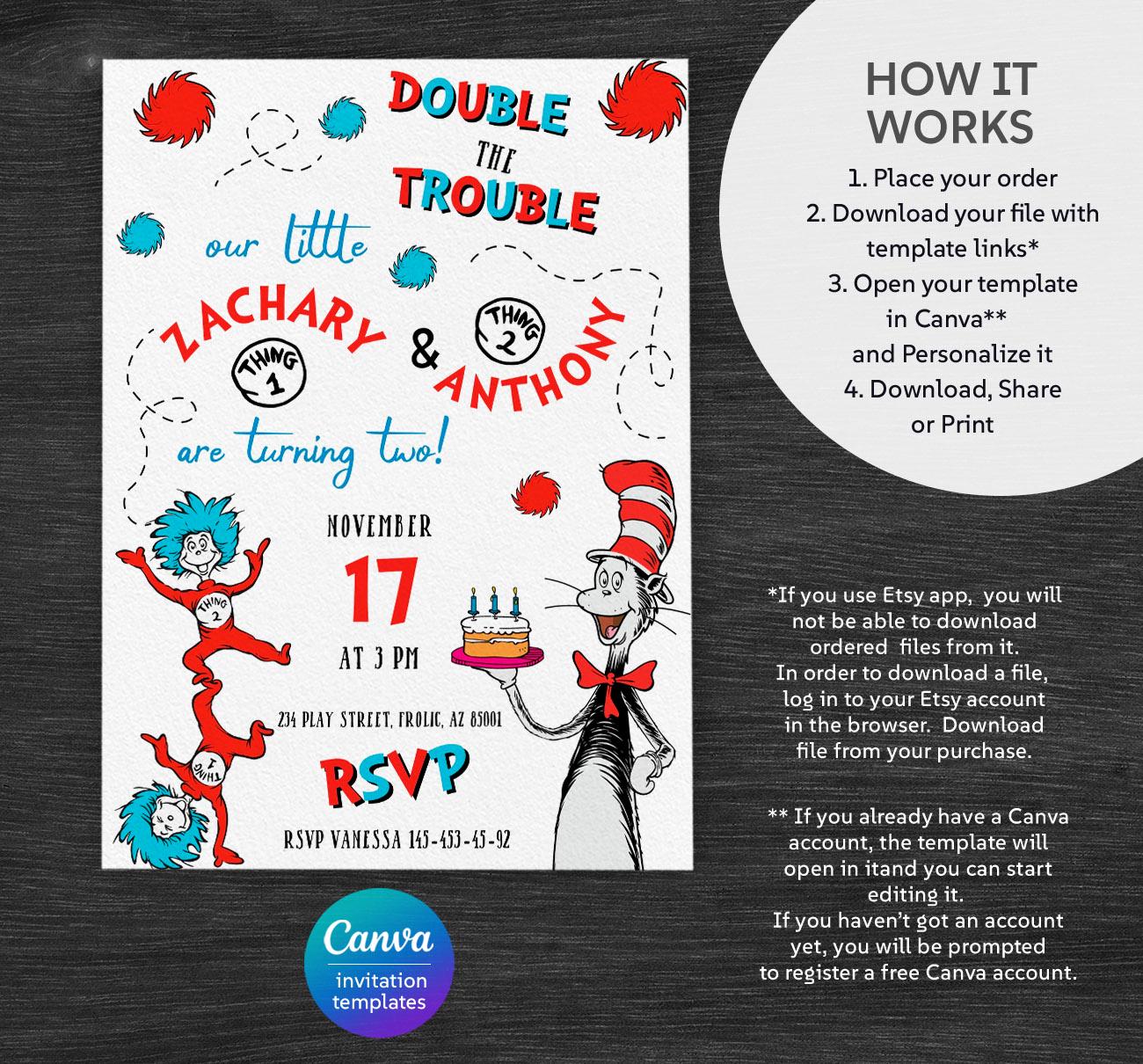 Dr Seuss Birthday Invitation, Printable Fairytale Invite, Editable Cat ...