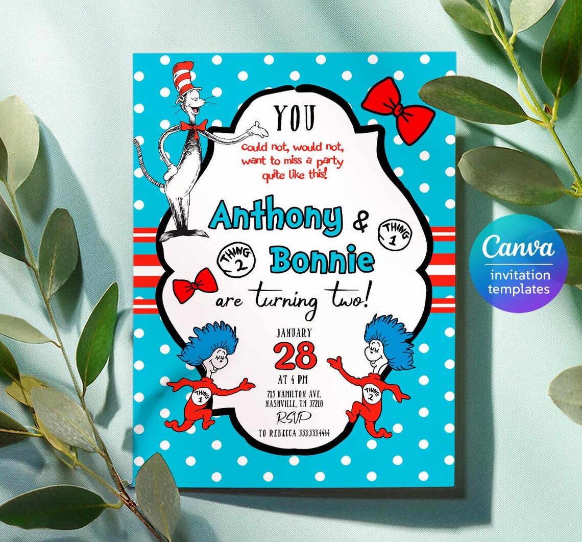 Dr Seuss Birthday Invitation, Printable Fairytale Invite, Editable Cat ...