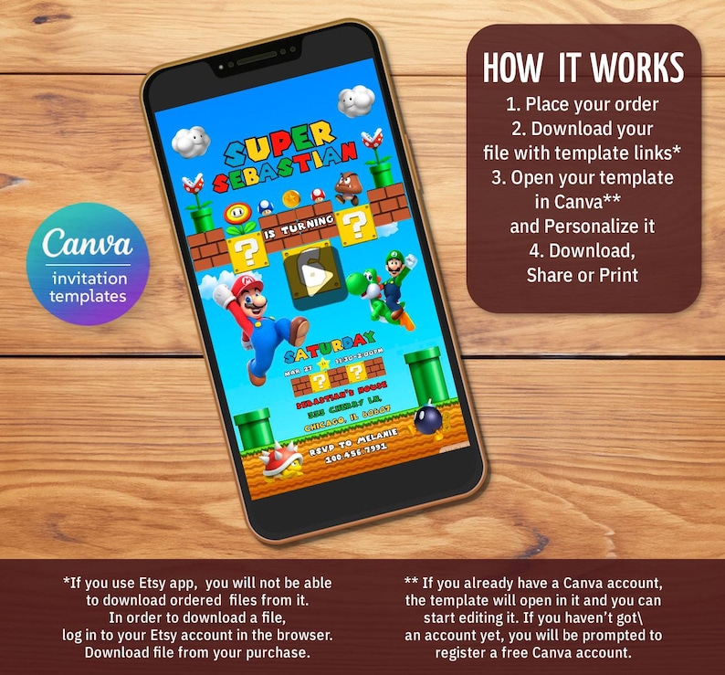 Super Mario Birthday Invitation, Mario Bros Party Invite, Digital Video ...