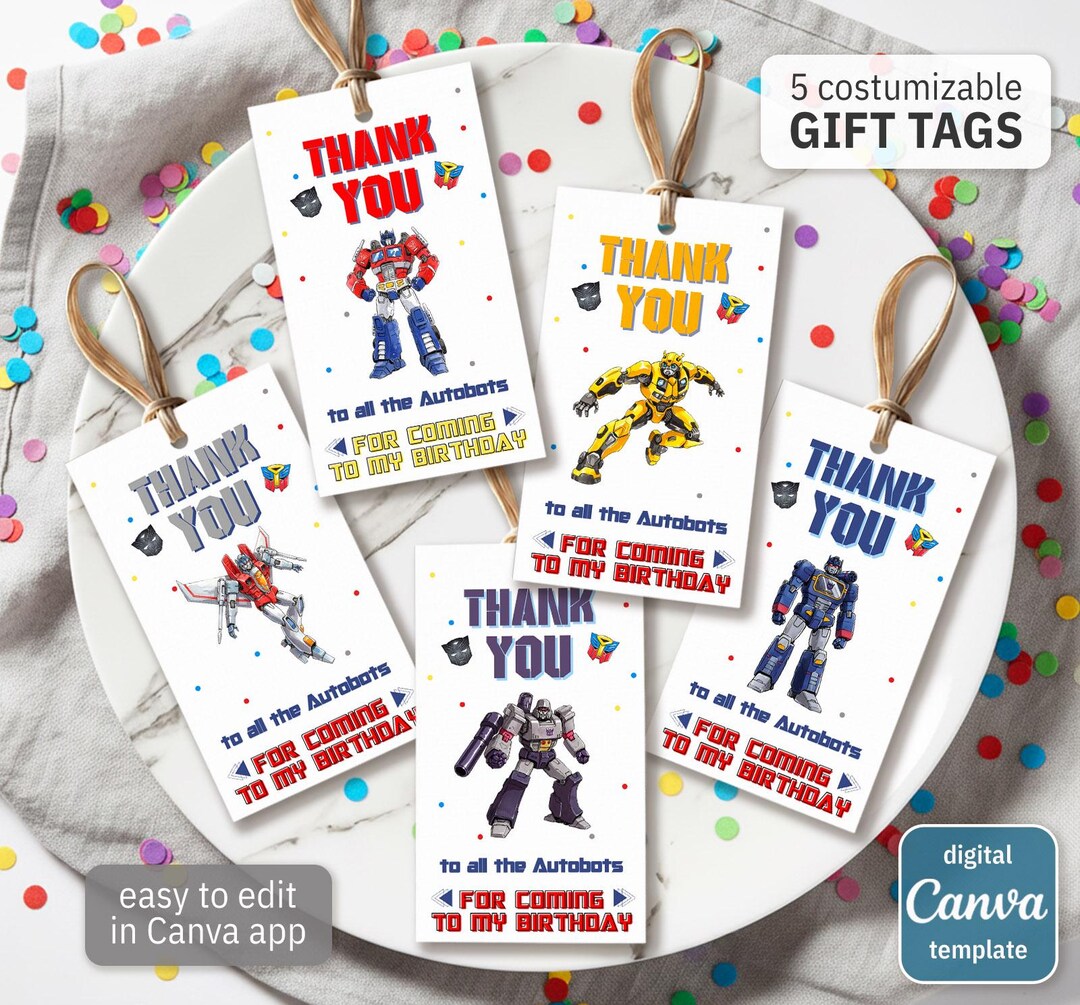 Transformers Printable Gift Tags, Birthday Party Thank You Card ...