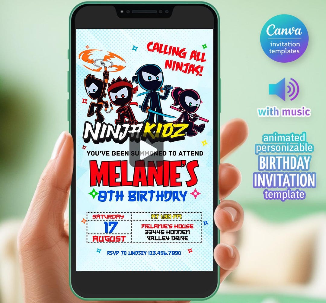 Animated Editable Ninja Kidz Birthday Invite, Digital Video Ninja Party ...