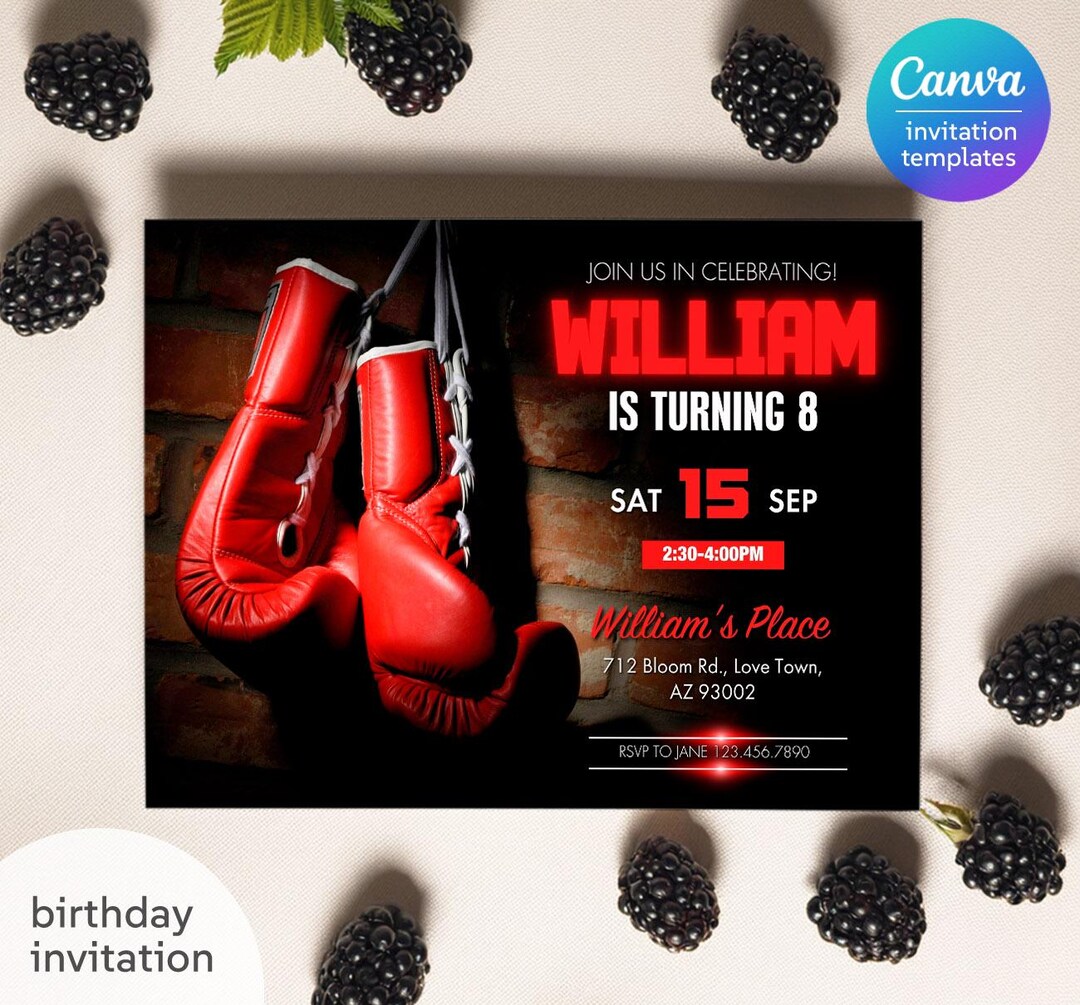 Printable Boxing Invitation, Fighter Invite, Digital Editable Birthday ...