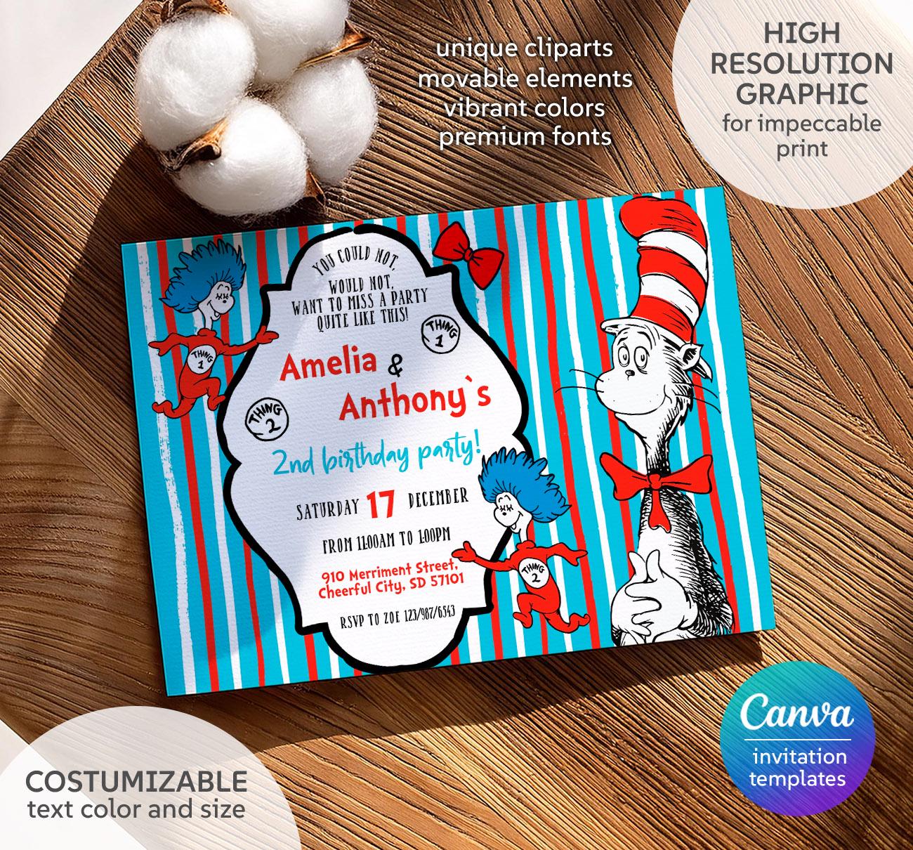 Dr Seuss Birthday Invitation, Printable Fairytale Invite, Editable Cat ...
