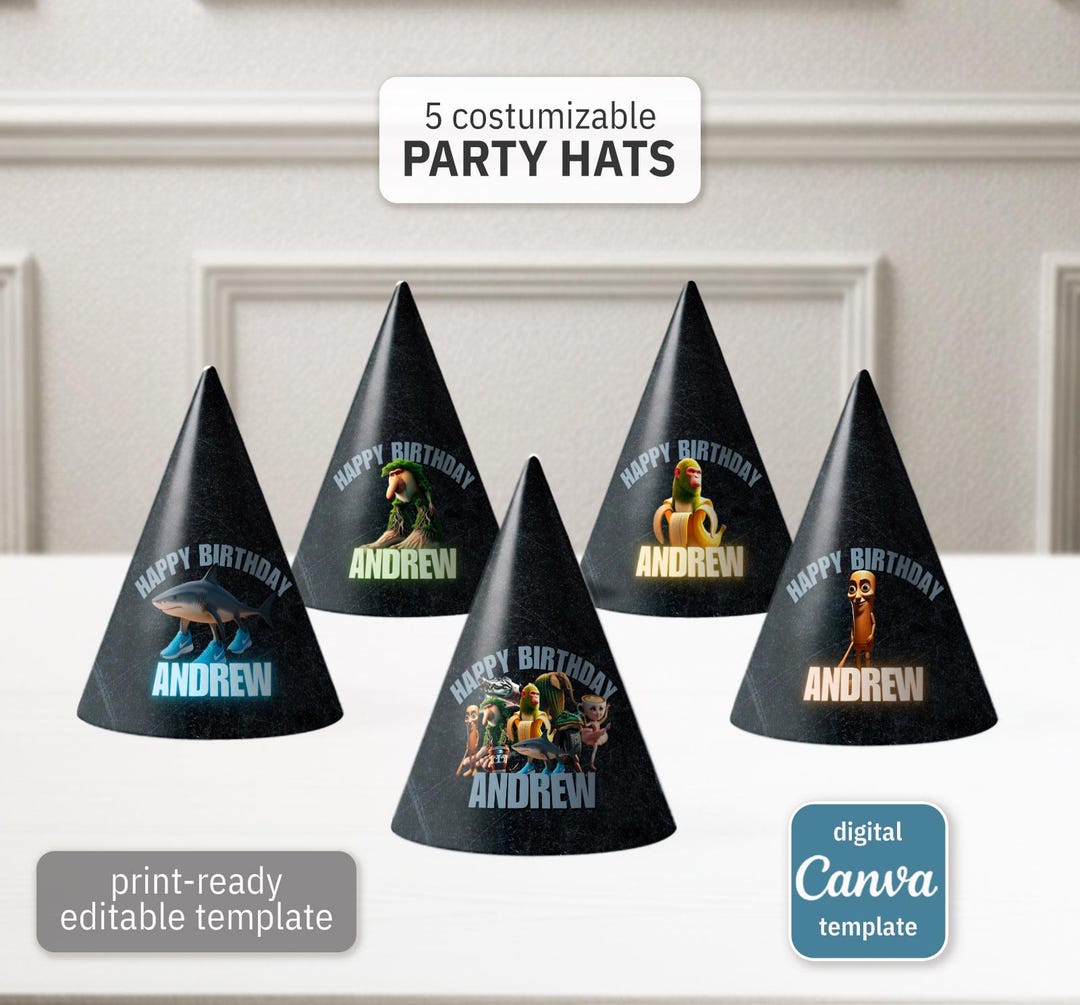 Italian Brainrot Printable Party Hats, Birthday Party Editable Template ...