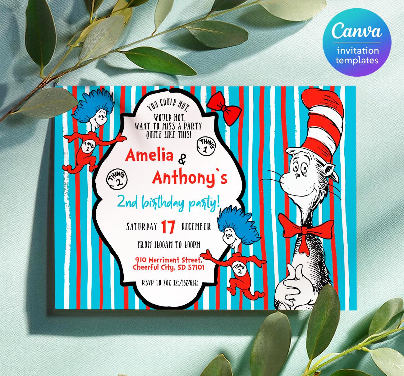 Dr Seuss Birthday Invitation, Printable Fairytale Invite, Editable Cat ...