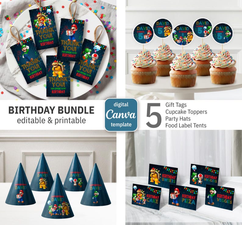 Super Mario Party Bundle: Gift Tags, Cupcake Toppers, Table Tent, Party ...
