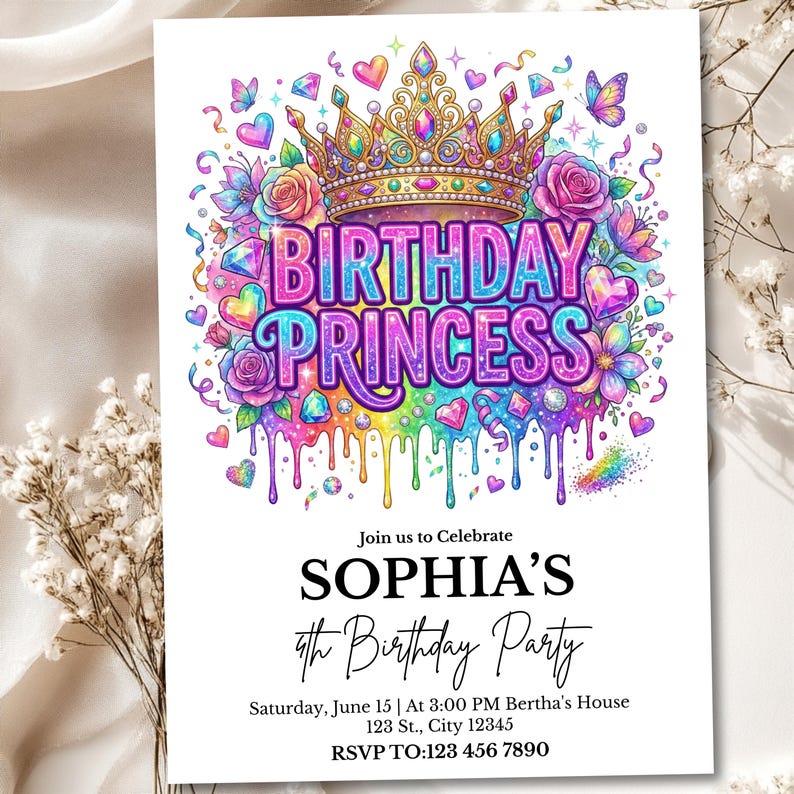 Princess Birthday Invitation, 4th Birthday Invitation,rainbow Birthday ...
