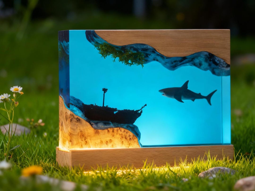 Great White Shark Ocean Epoxy Resin Night Light, Shipwreck Personalised ...