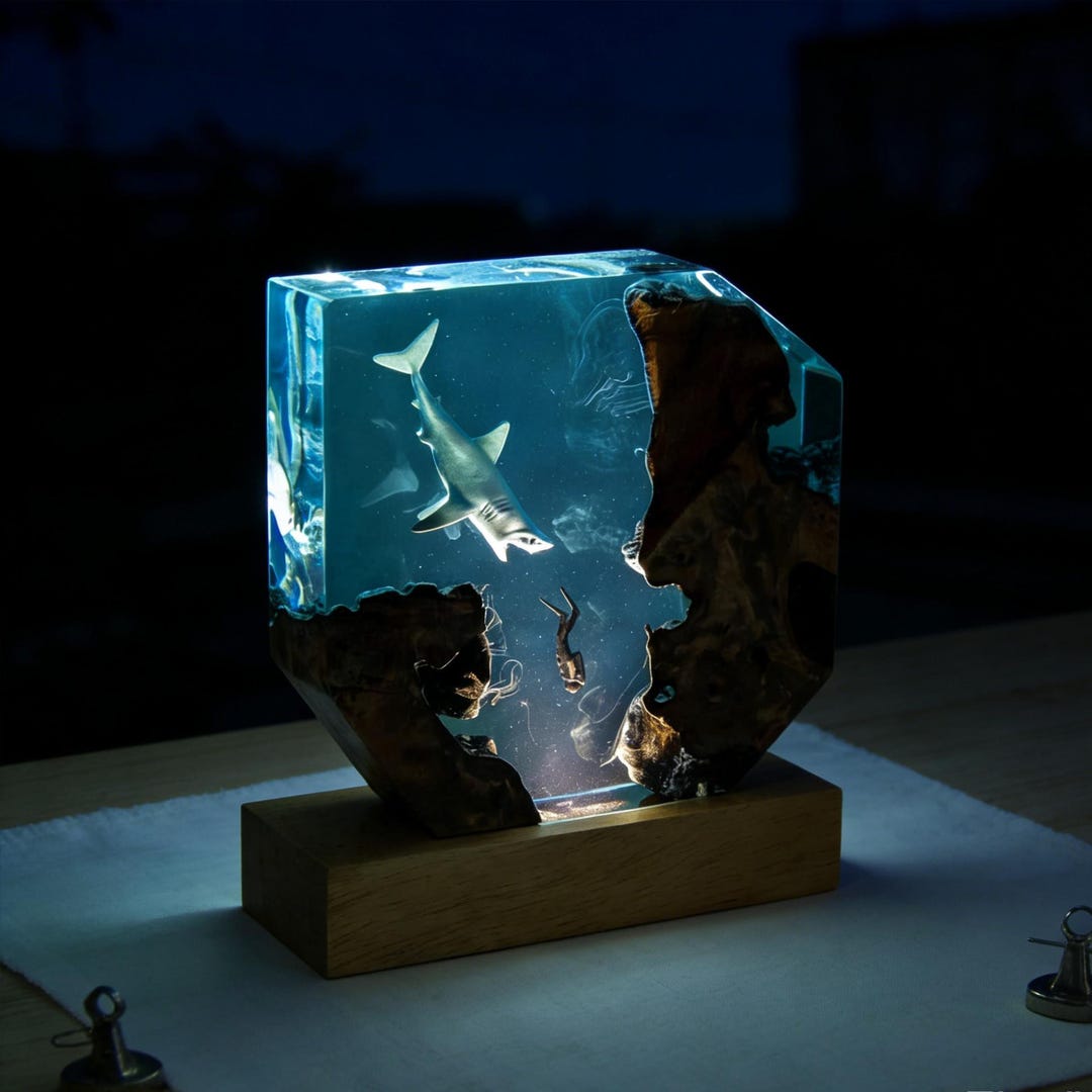 Shark Epoxy Resin Night Light, Diver Handmade Wood Lamp - Etsy