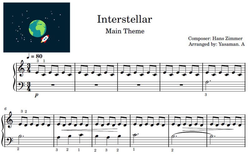 Easy Piano Sheet Music- Interstellar- Beginner Level - Etsy UK