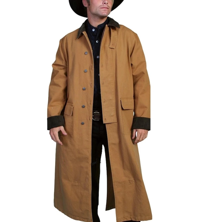 Men's Western Cowboy Duster Coat: Brown Canvas Trench Riding Jacket - Etsy
