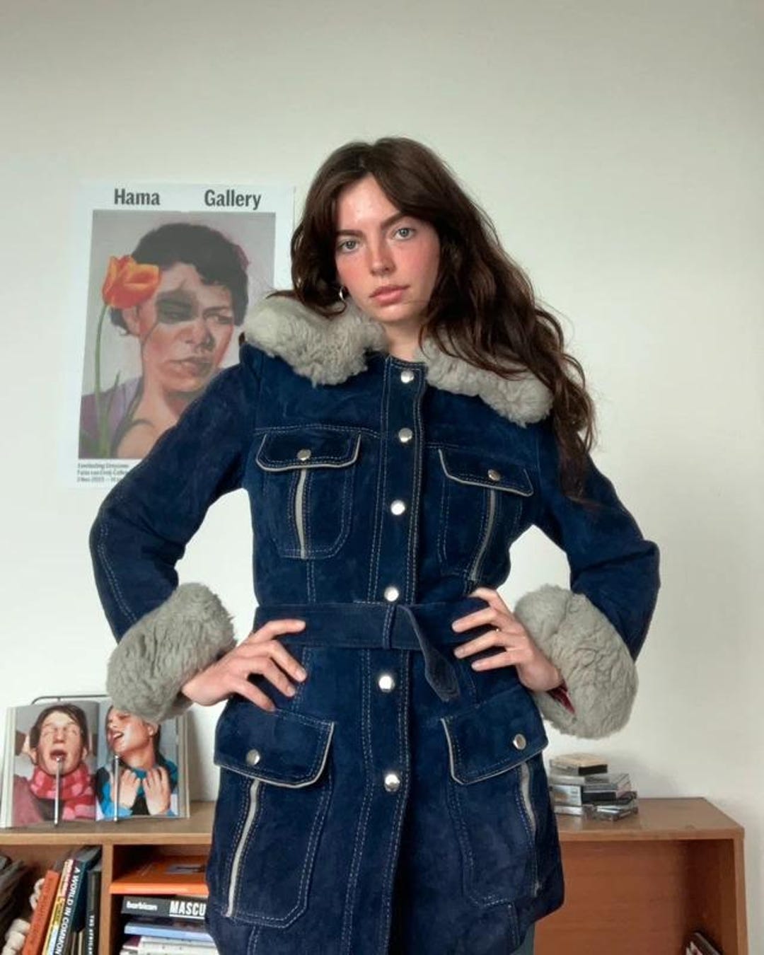 70s Navy Blue Shearling Suede Coat: Vintage Sheepskin Lined Winter ...