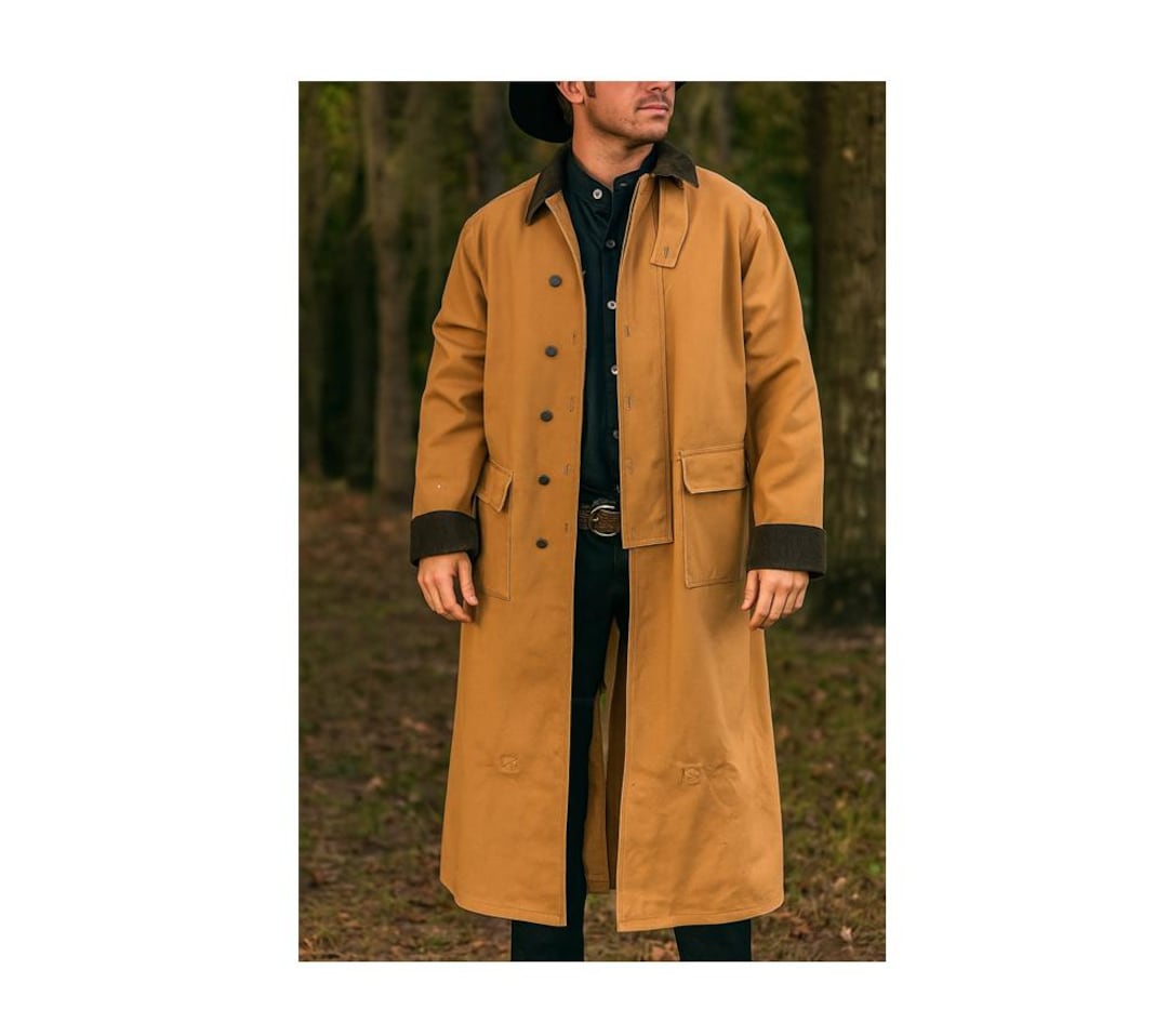 Men's Western Cowboy Duster Coat: Brown Canvas Trench Riding Jacket - Etsy