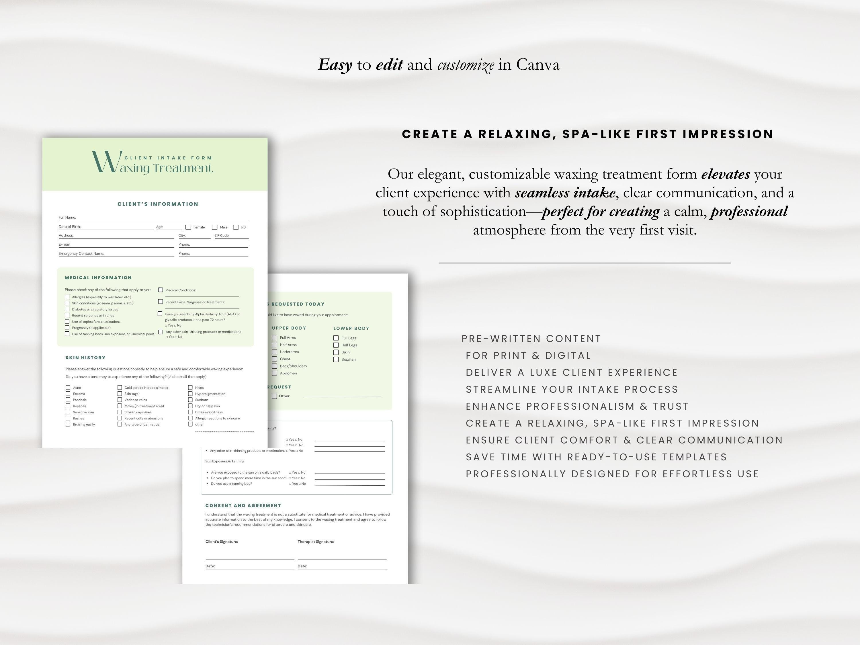 Canva Editable Waxing Treatment Forms, Esthetician Forms Bundle ...