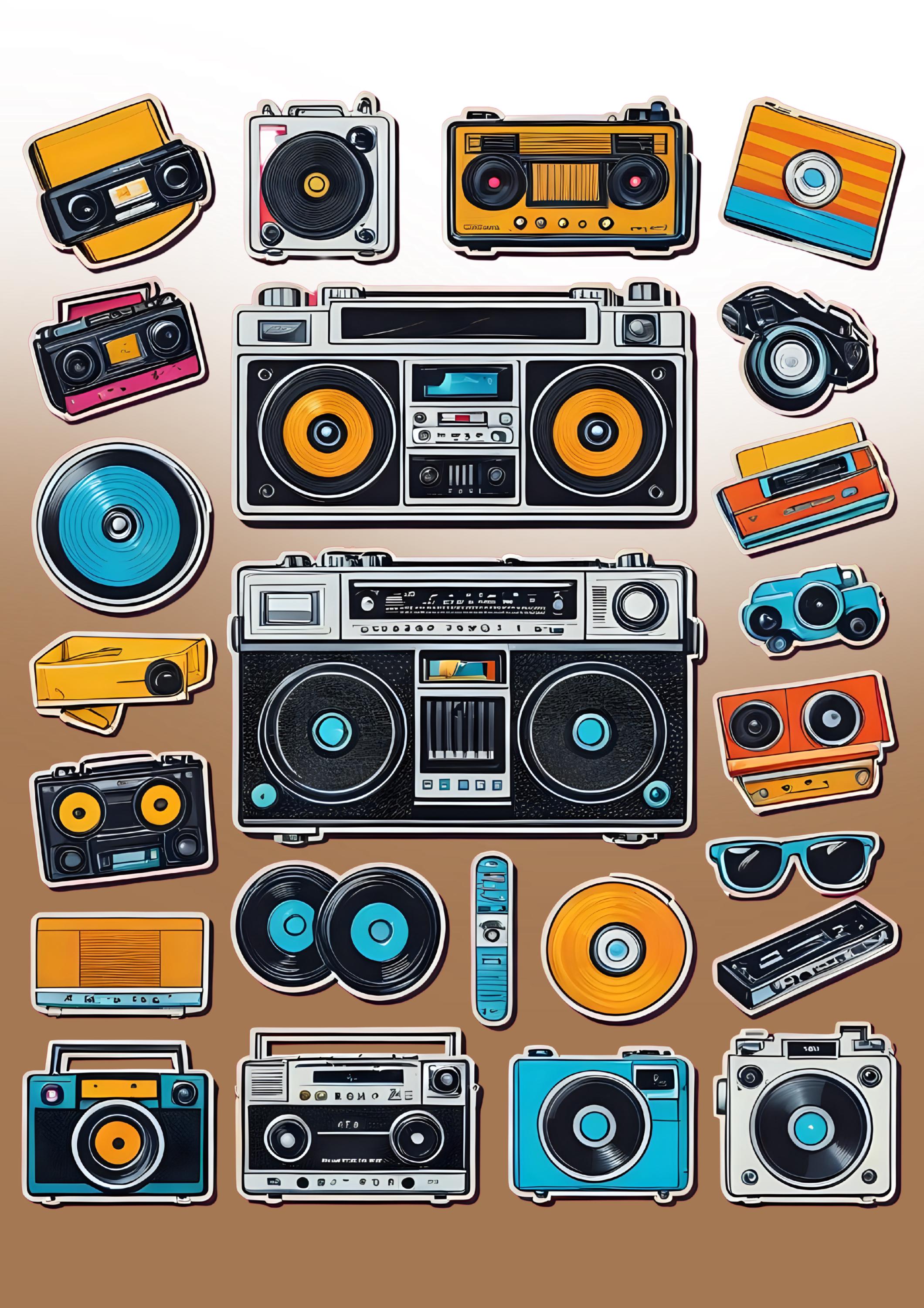 Retro Boombox, Cassette Sticker Sheet - Printable PNG PDF - Vintage ...