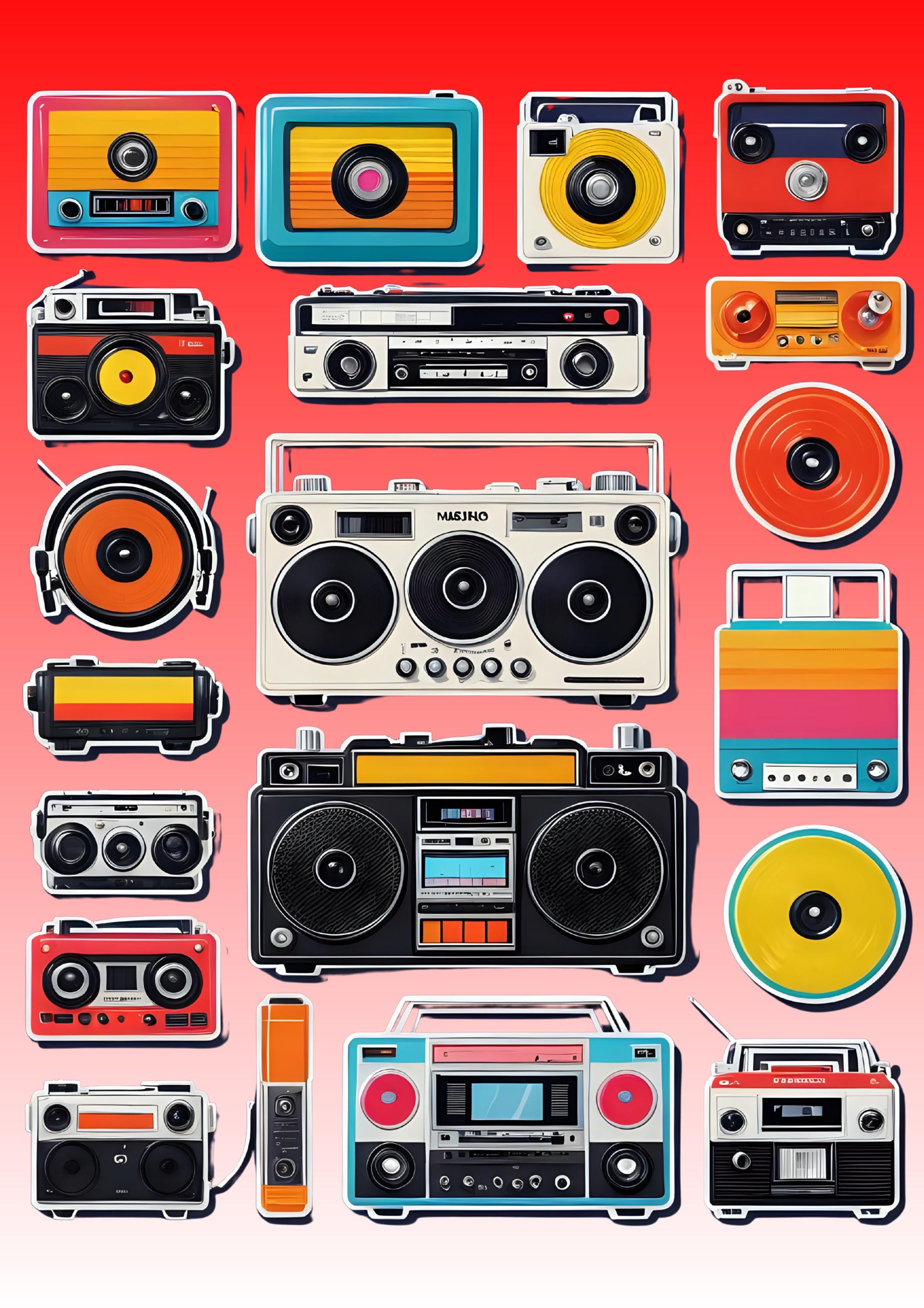 Retro Music Sticker Sheet - Printable PNG-PDF - Vintage Cassette ...