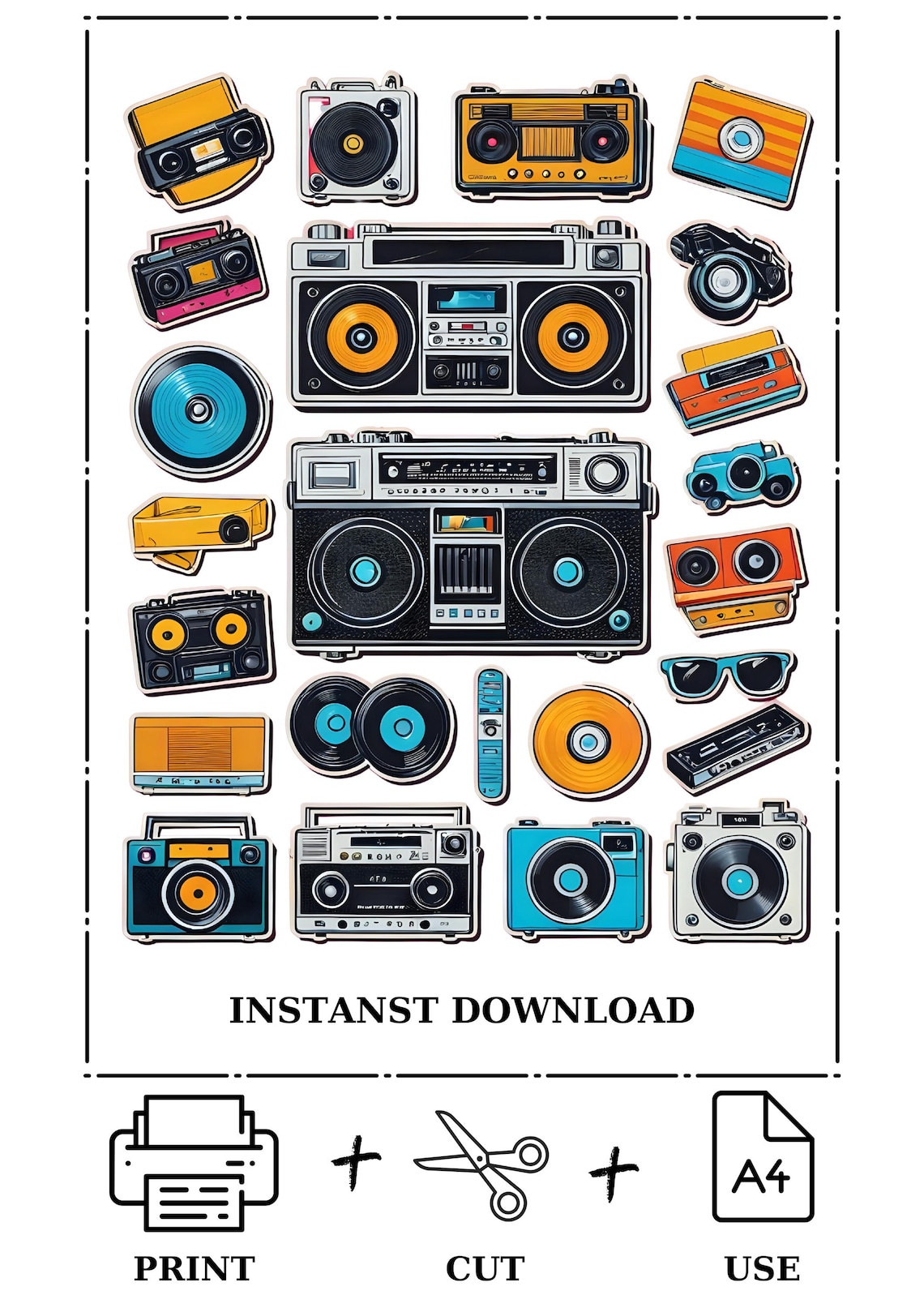 Retro Boombox, Cassette Sticker Sheet - Printable PNG PDF - Vintage ...