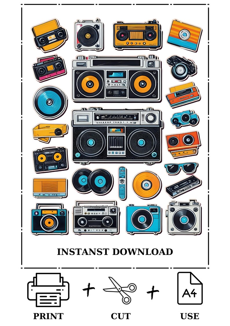Retro Boombox, Cassette Sticker Sheet - Printable PNG PDF - Vintage ...