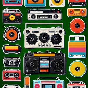 Retro Music Sticker Sheet - Printable PNG-PDF - Vintage Cassette ...