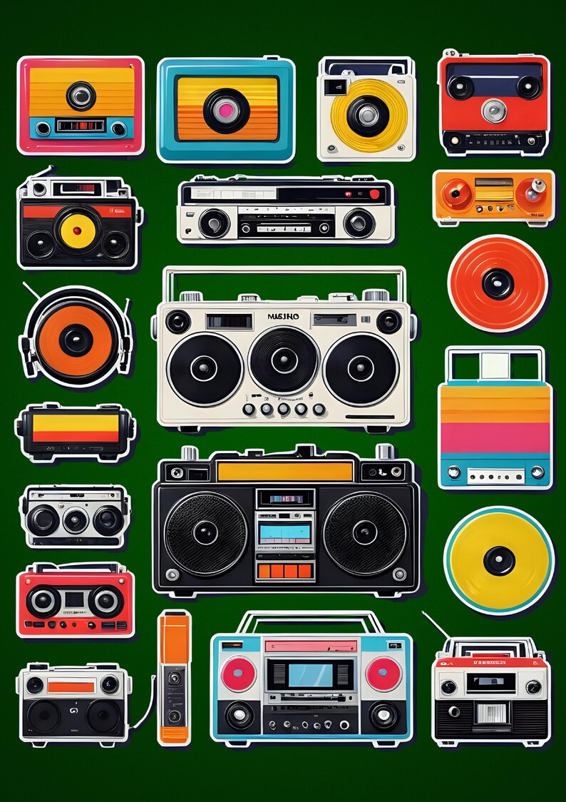 Retro Music Sticker Sheet - Printable PNG-PDF - Vintage Cassette ...