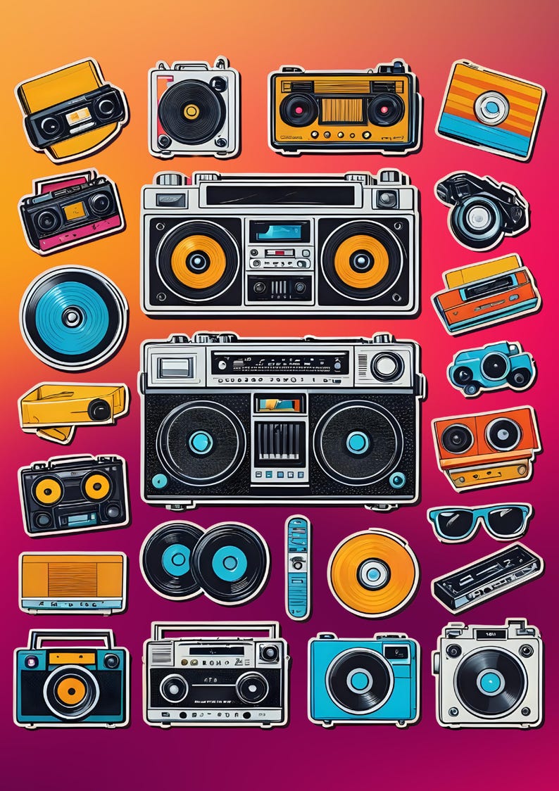 Retro Boombox, Cassette Sticker Sheet - Printable PNG PDF - Vintage ...