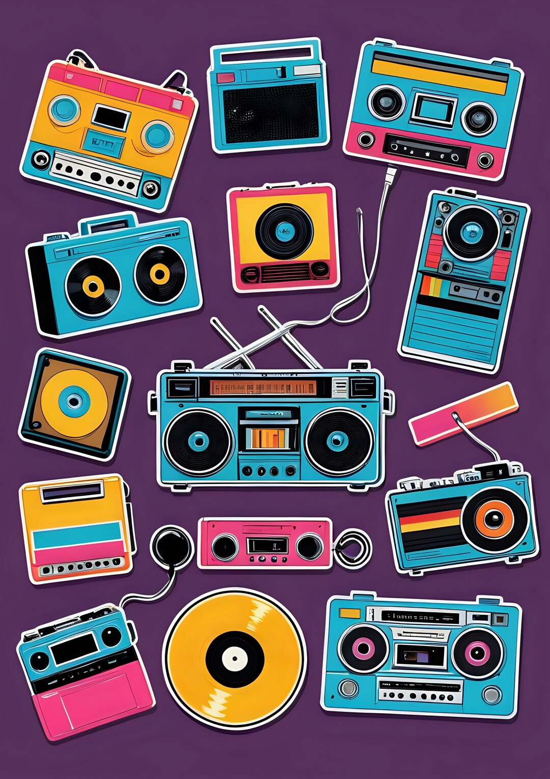 Retro Music Sticker Sheet - Printable PNG-PDF - Vintage Boombox ...