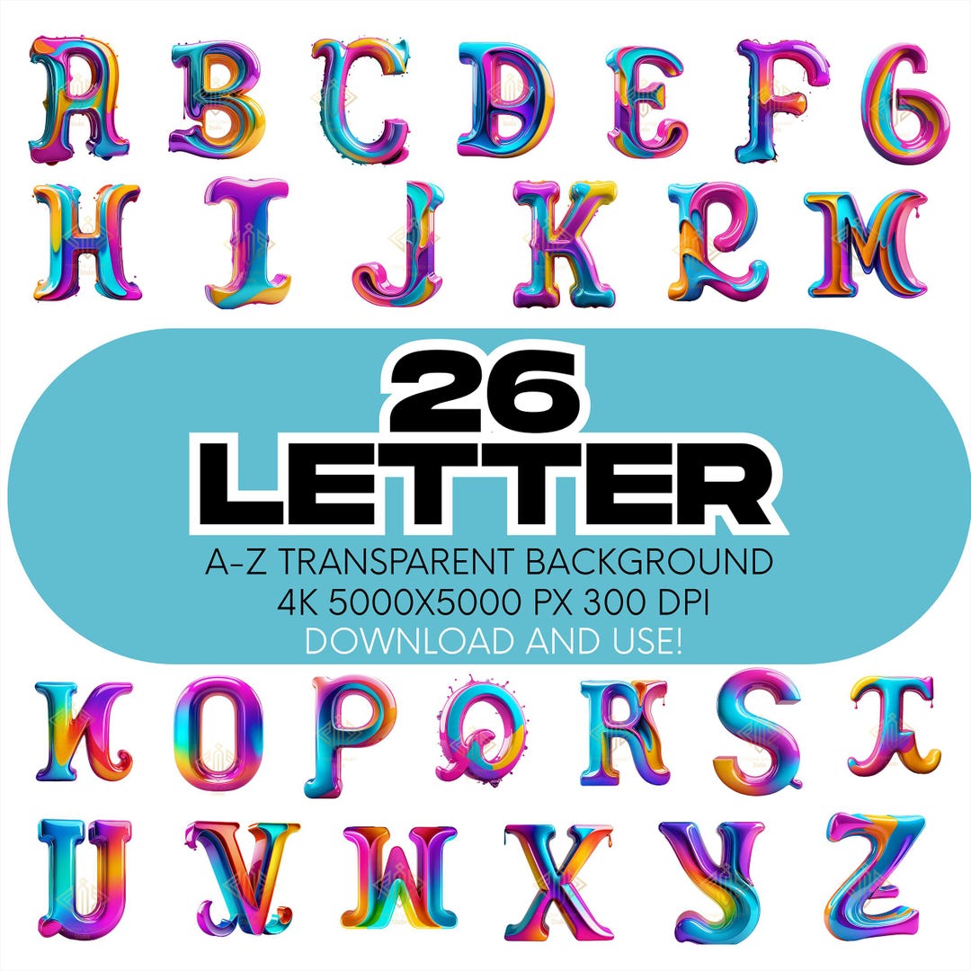 3D Alphabet Clipart Bundle | Glossy Liquid Letters for Sublimation ...