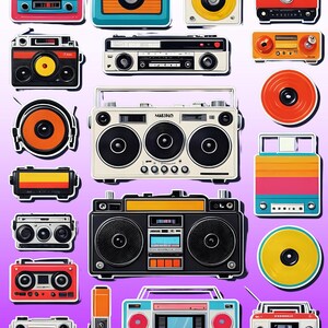 Retro Music Sticker Sheet - Printable PNG-PDF - Vintage Cassette ...