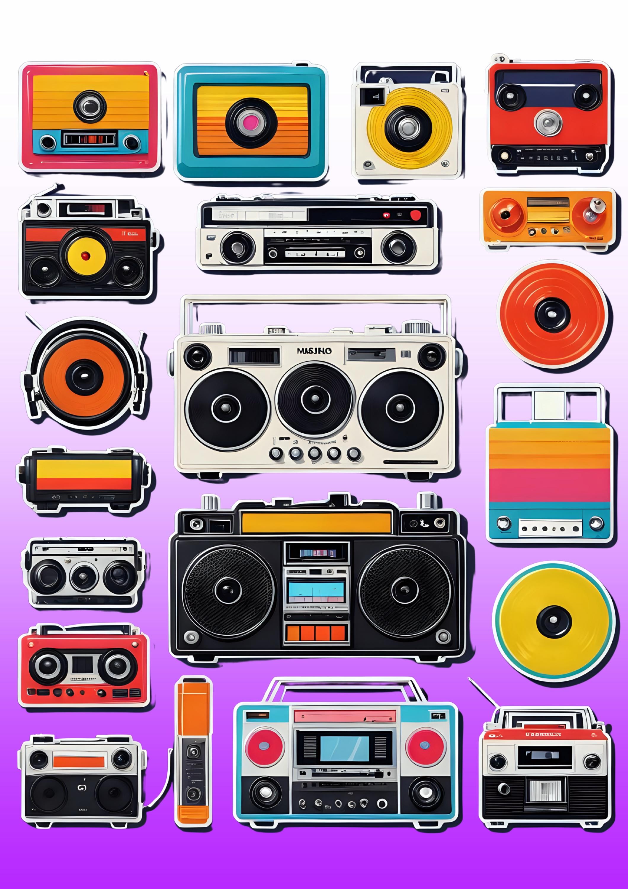 Retro Music Sticker Sheet - Printable PNG-PDF - Vintage Cassette ...