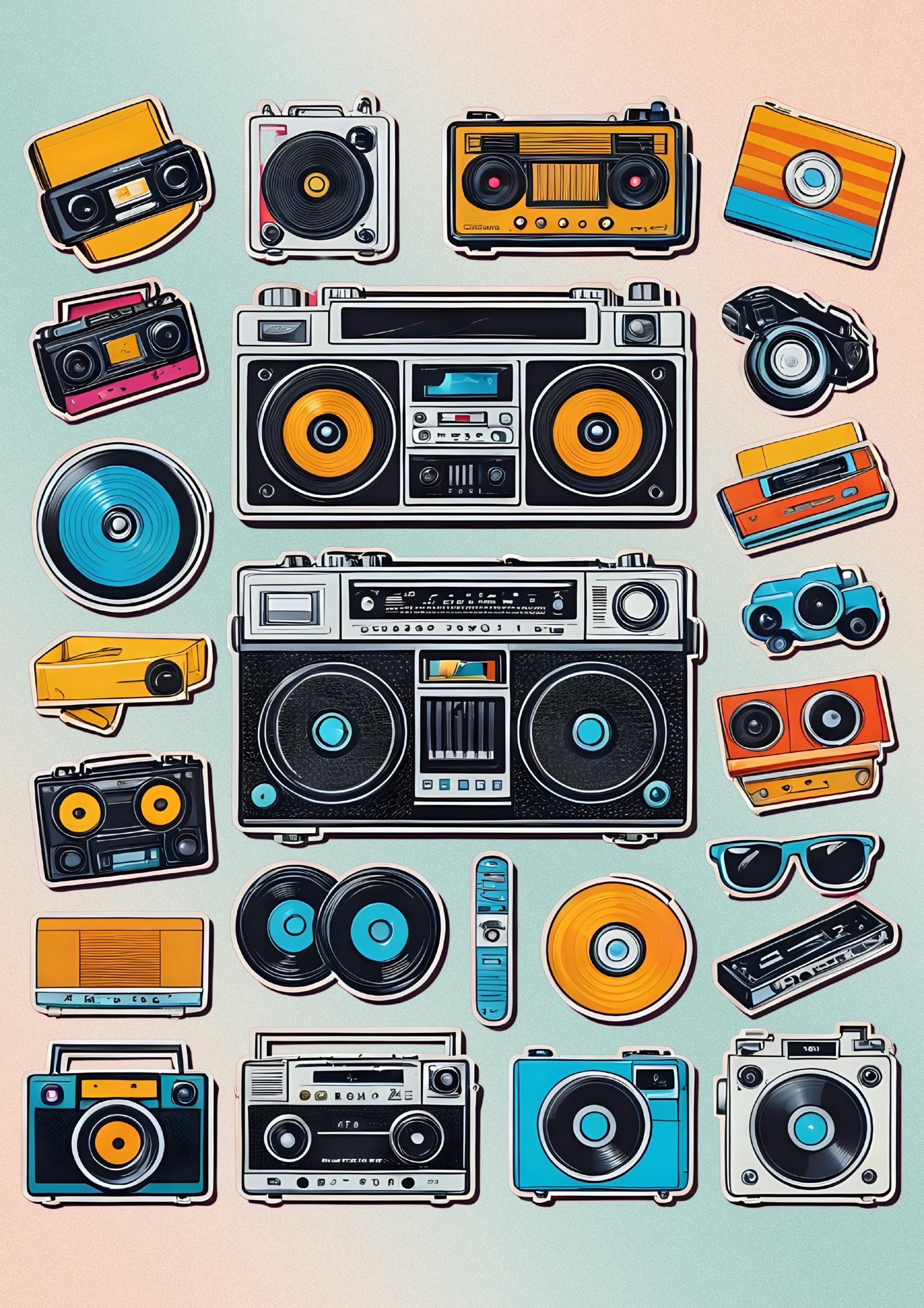 Retro Boombox, Cassette Sticker Sheet - Printable PNG PDF - Vintage ...